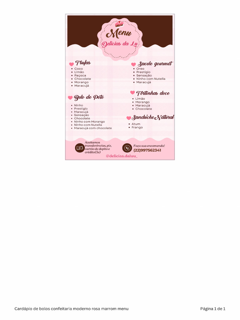 Cardápio de Bolos Confeitaria Moderno Rosa Marrom Menu | PDF