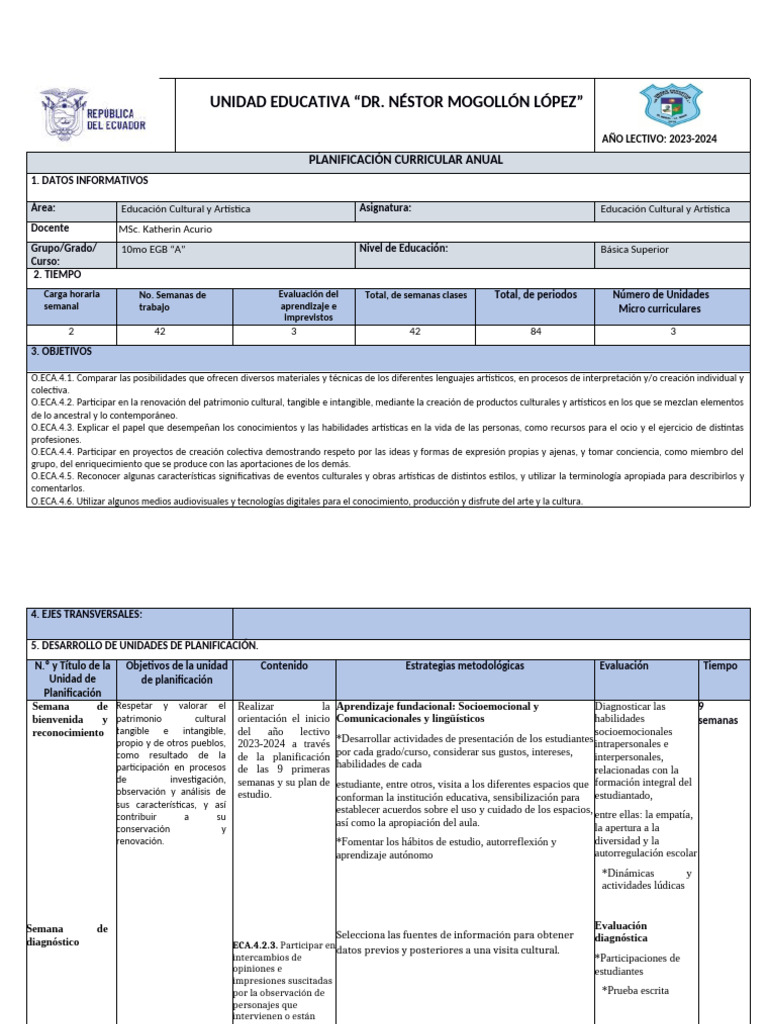 Pca Eca 10mo A 2023 2024 | PDF | Aprendizaje | Teatro