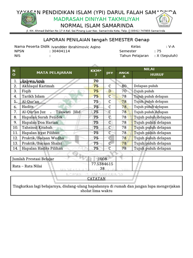 RAPORT TPQ GANJIL Kelas 6 Tipe 2 X | PDF