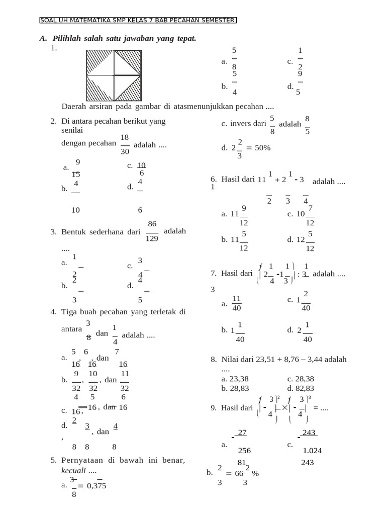 Soal Uh MTK SMP Kelas 7 Bab Pecahan Semester 1 | PDF