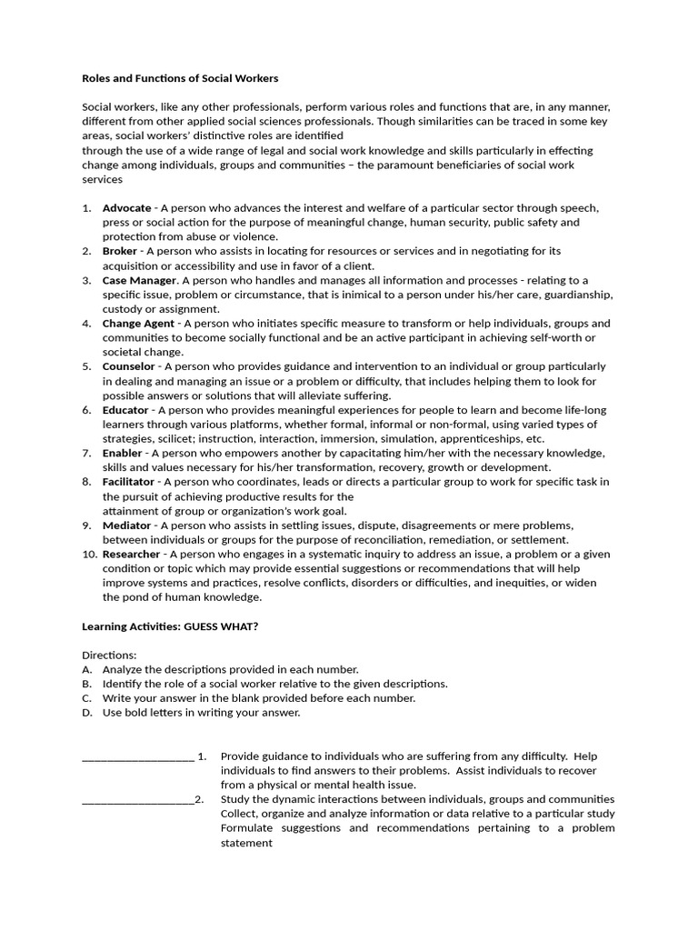 Roles and Functions of Social Workers | PDF | Social Work | Conflict ...