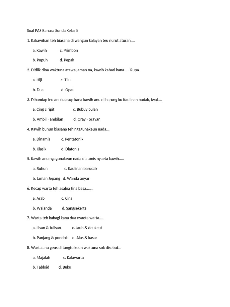 Soal PAS Bahasa Sunda Kelas 8 | PDF