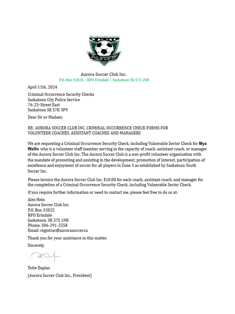 Aurora CRC Letter - Mya Wallis | PDF