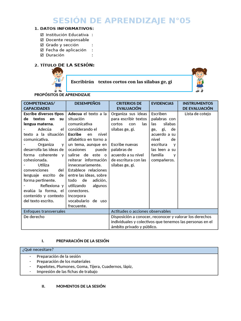 Sesion Escribimos Con La Letra G | PDF | Evaluación | Sílaba