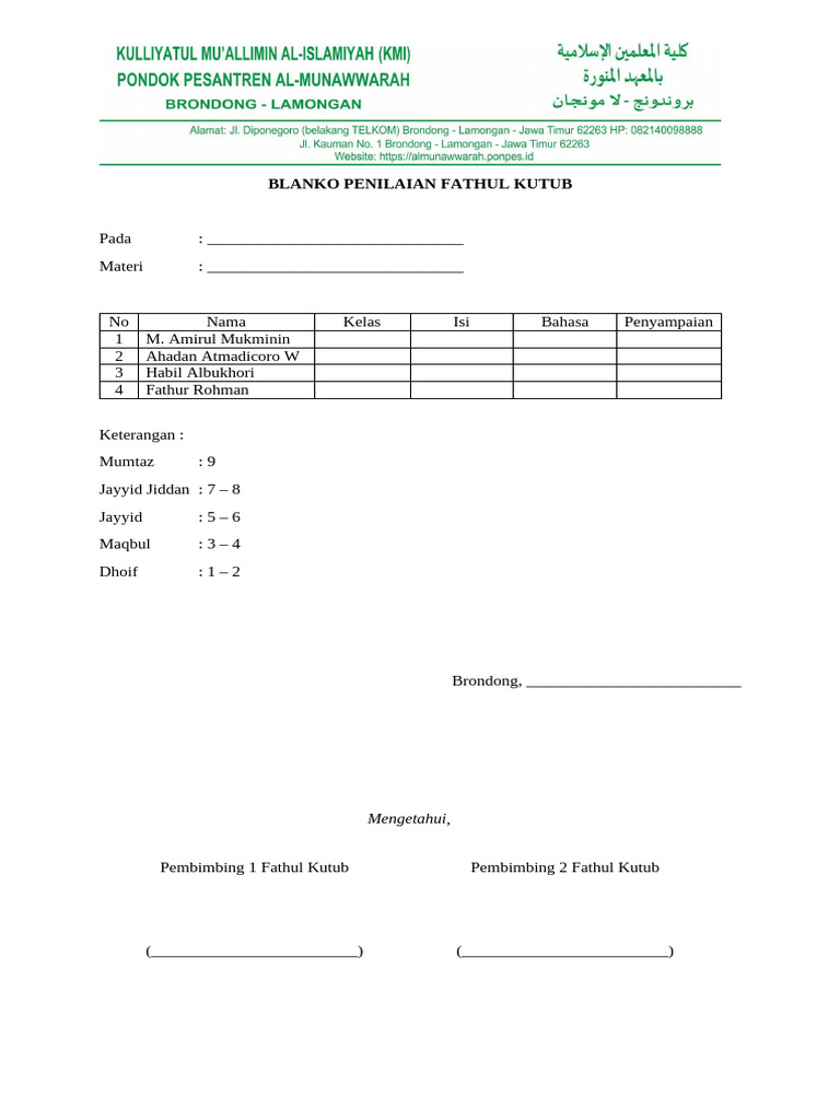 Blanko Penilaian Fathul Kutub | PDF