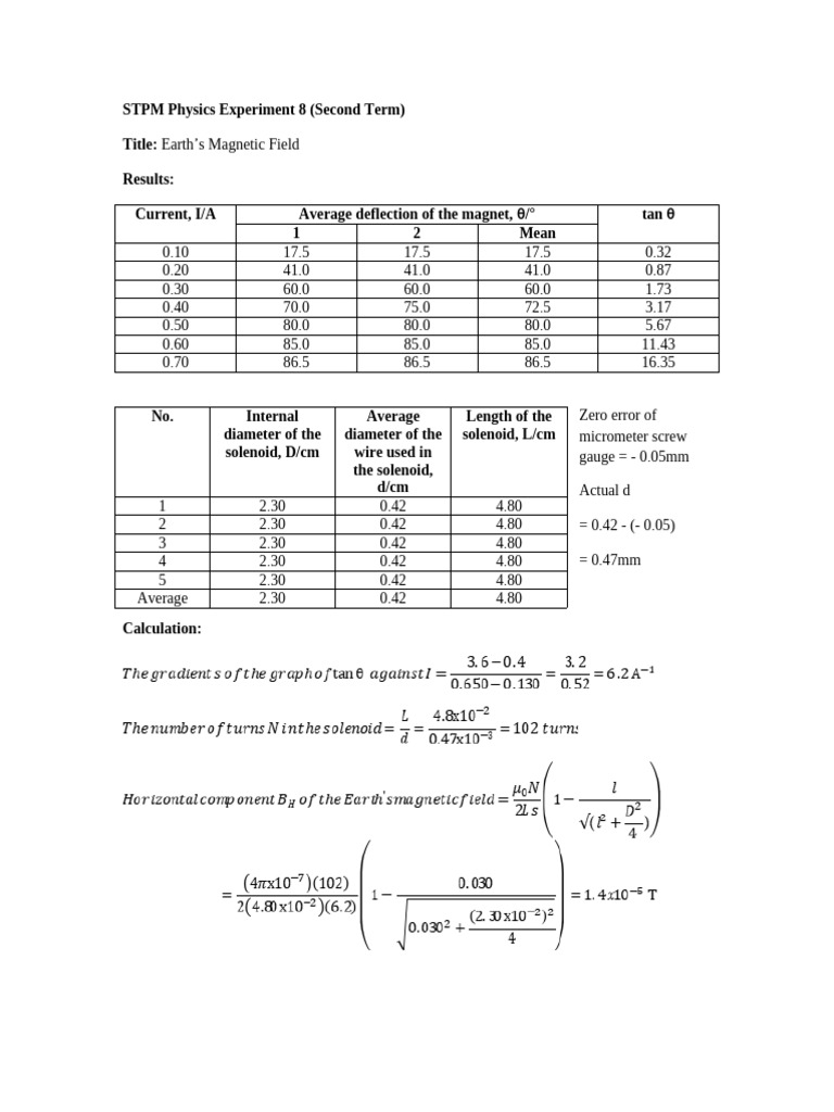 STPM Physics Experiment 8 Earth S Magnetic Field Second Term | PDF | Magnetic Field ...