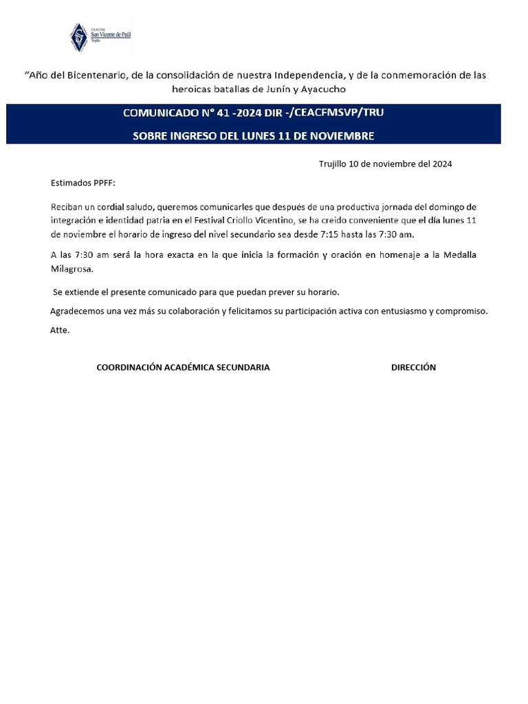 Comunicado n41.Svp 2024 Entrada de Secundaria | PDF