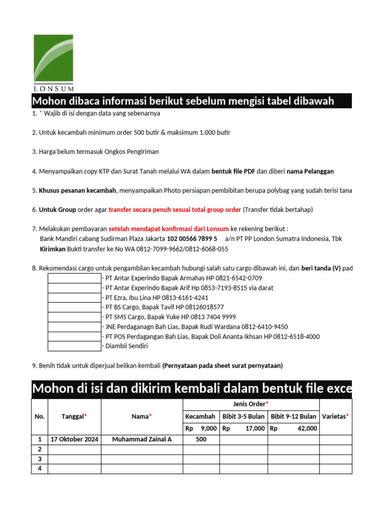 Data Pemohon Pembelian Benih Unggul Kelapa Sawit Lonsum06082024 | PDF