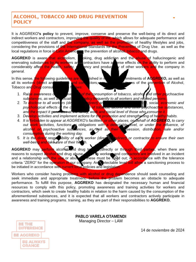 Alcohol Tobacco and Drug Prevention Policy | PDF | Drugs | Substance Abuse