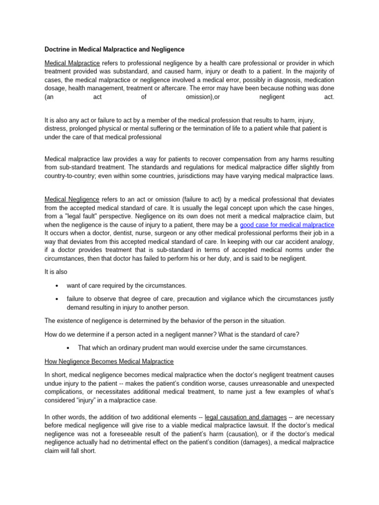 Doctrine in Medical Malpractice and Negligence | PDF | Negligence ...