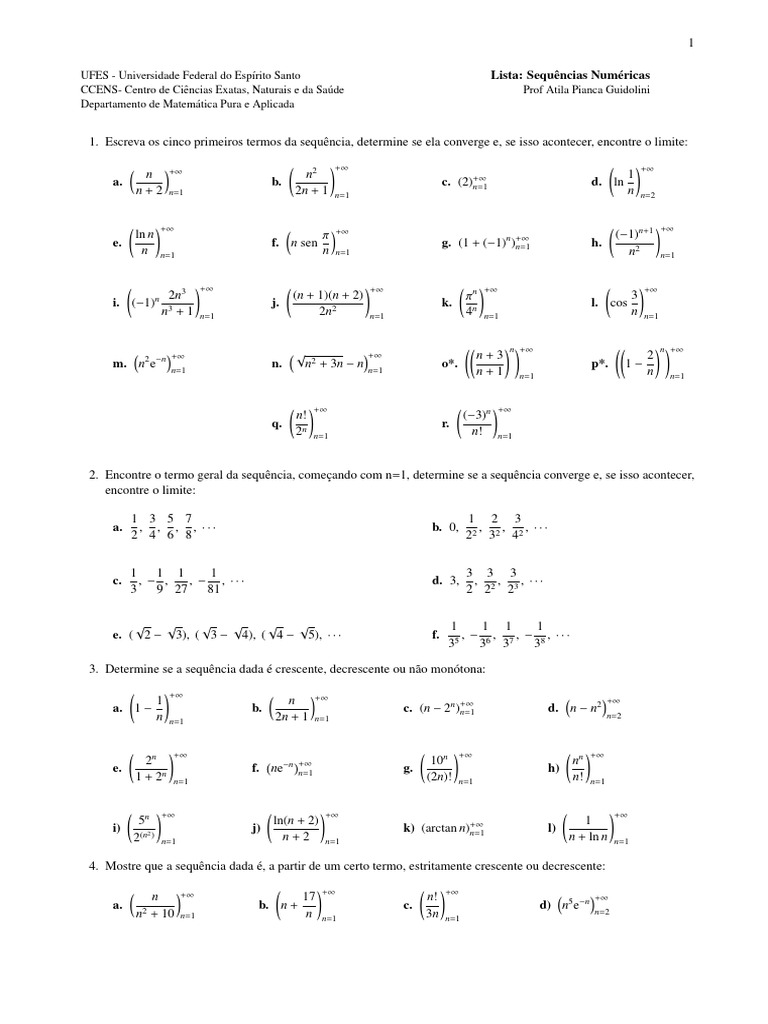 Lista - Sequências Numéricas | PDF | Métodos e Materiais de Ensino