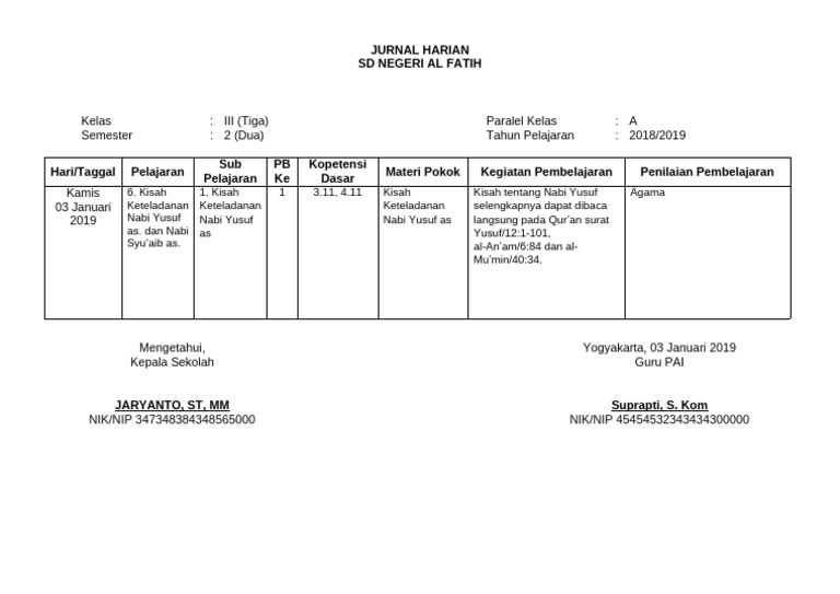 Aplikasi Jurnal Harian Guru PAI Kelas 3 Semester 2 | PDF