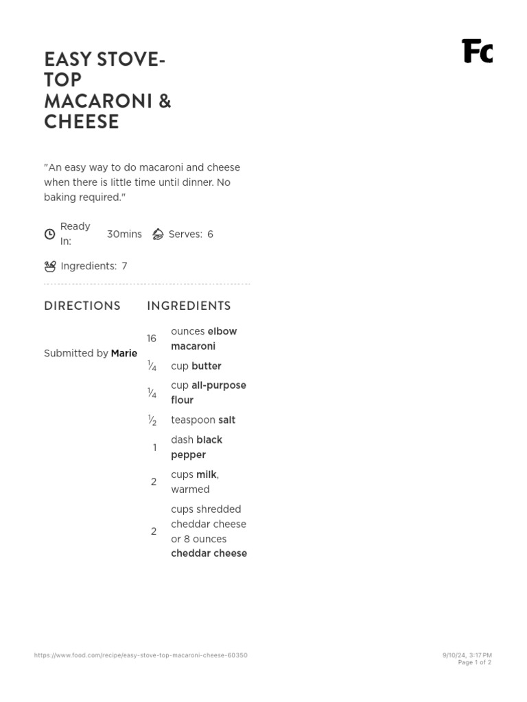 Easy Stove-Top Macaroni & Cheese Recipe | PDF | Macaroni And Cheese ...