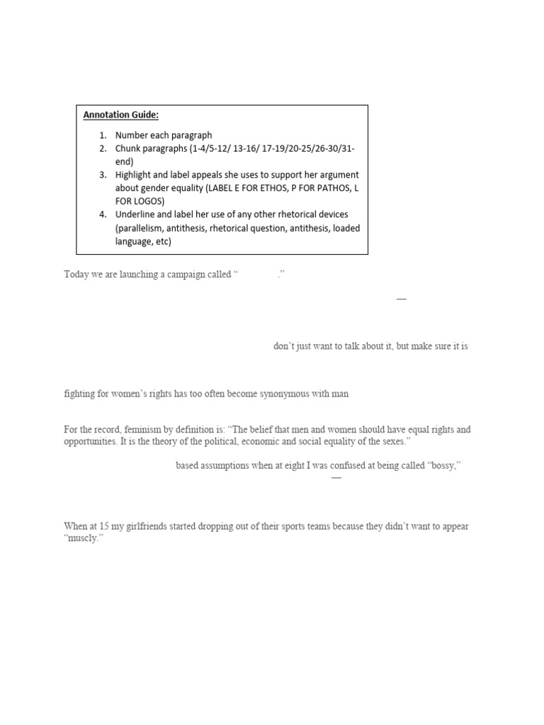Emma Watson: Gender Equality Is Your Issue Too Transcript: Annotation Guide | PDF | Gender ...