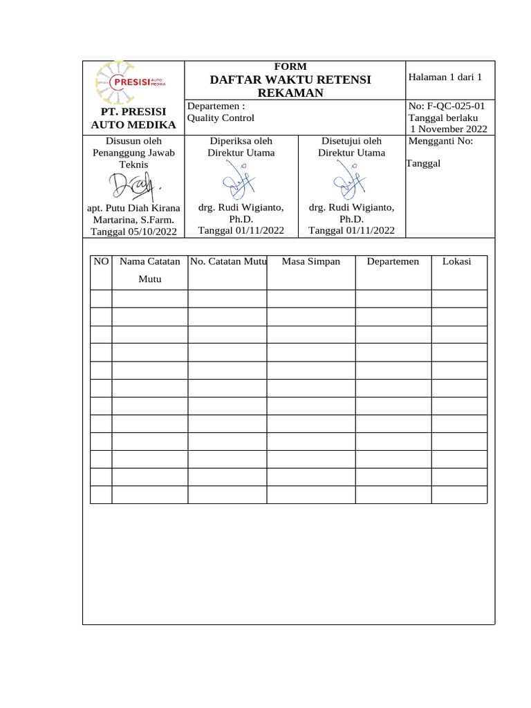 7.6 Form Daftar Waktu Retensi Setiap Rekaman | PDF