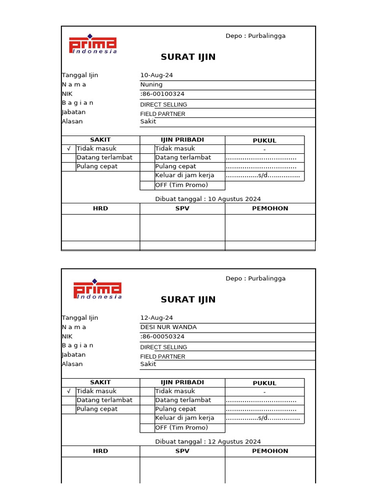 Form Ijin & Cuti Desi | PDF