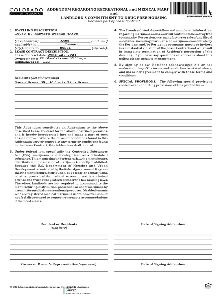 Drug-Free Housing Addendum Colorado | PDF | Lease | Cannabis (Drug)