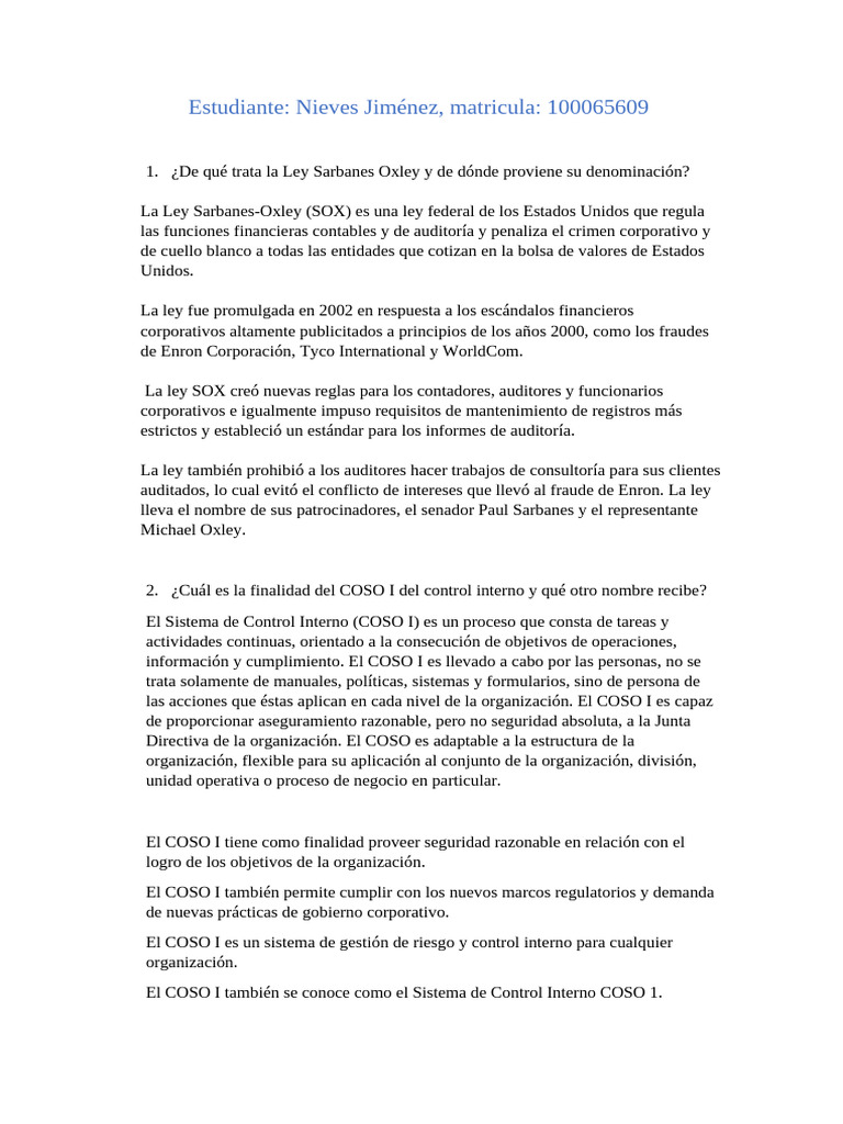 Ley SOX y COSO I: Fundamentos y Comparaciones | PDF | Sarbanes-Oxley ...