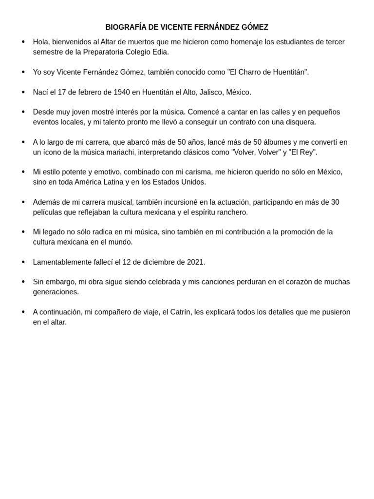 BIOGRAFÍA DE VICENTE FERNÁNDEZ GÓMEZ - Einar | PDF