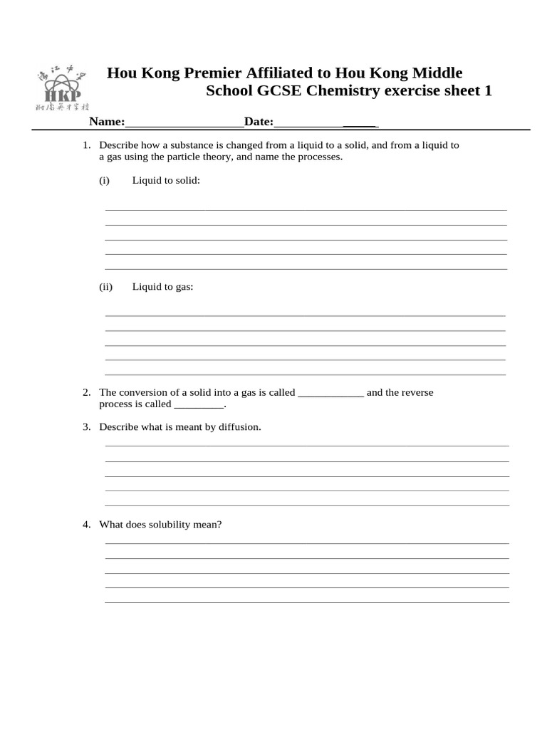 GCSE Chemistry Exercise Sheet 1 - State of Matter | PDF | Science ... GCSE Chemistry Exercise Sheet 1 - State of Matter | PDF | Science ...