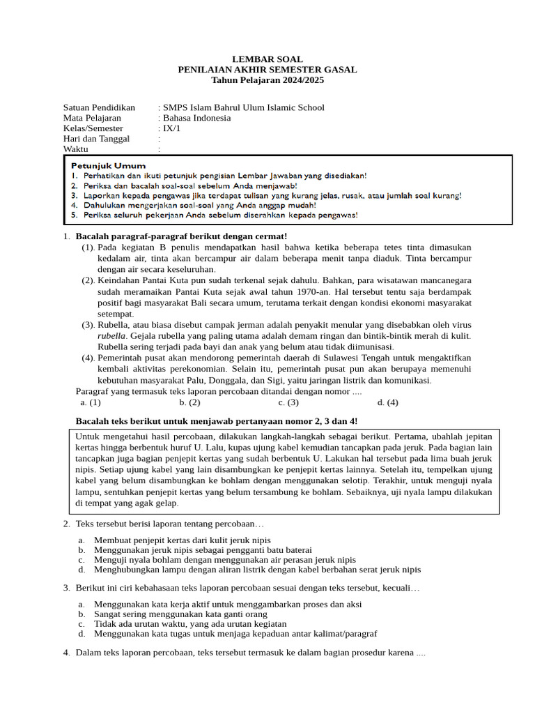 Soal Ujian Bahasa Indonesia Kelas 9b Dan 9c Semester 1 THN 2024-2025 | PDF
