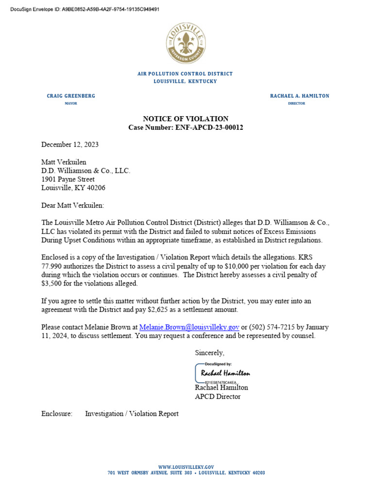 D.D. Williamson APCD Violation Notice | PDF