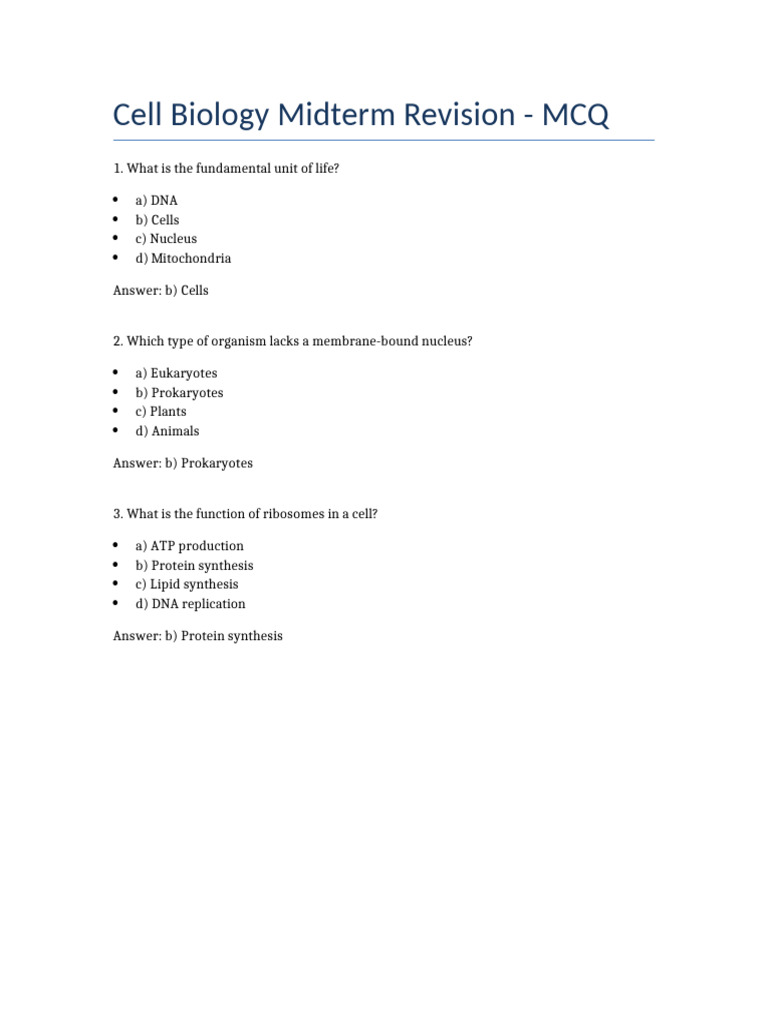 Cell Biology MCQ Midterm Review | PDF | Wellness | Science & Mathematics