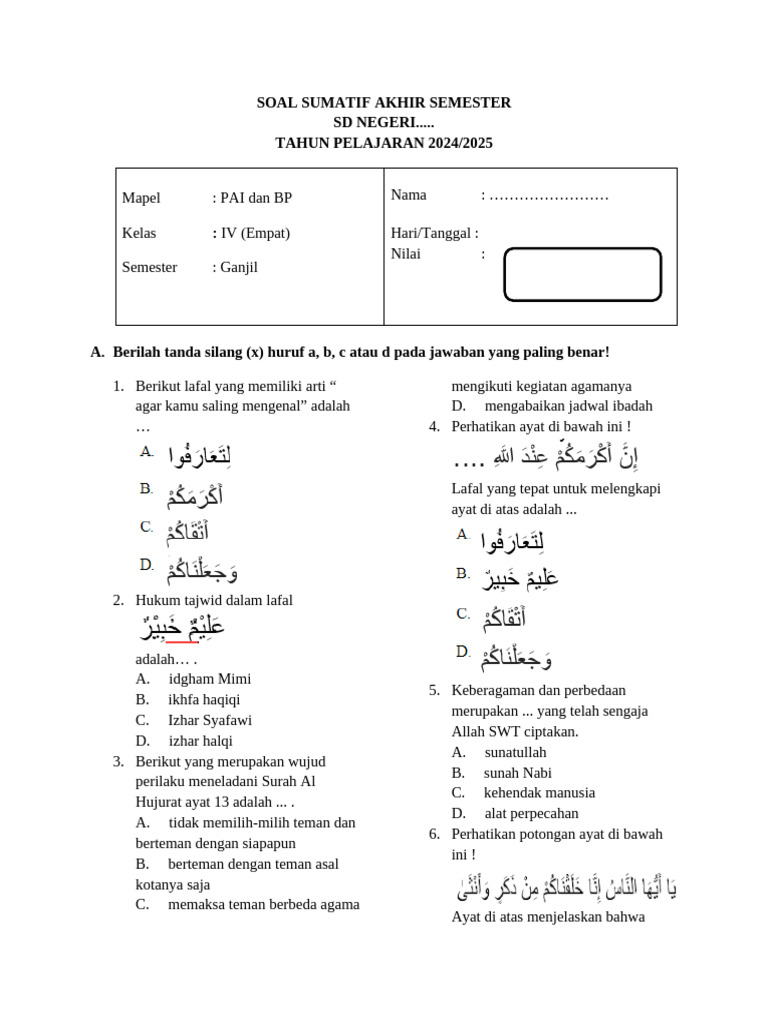 Soal Sas Pai BP KLS 4 SM 1 | PDF