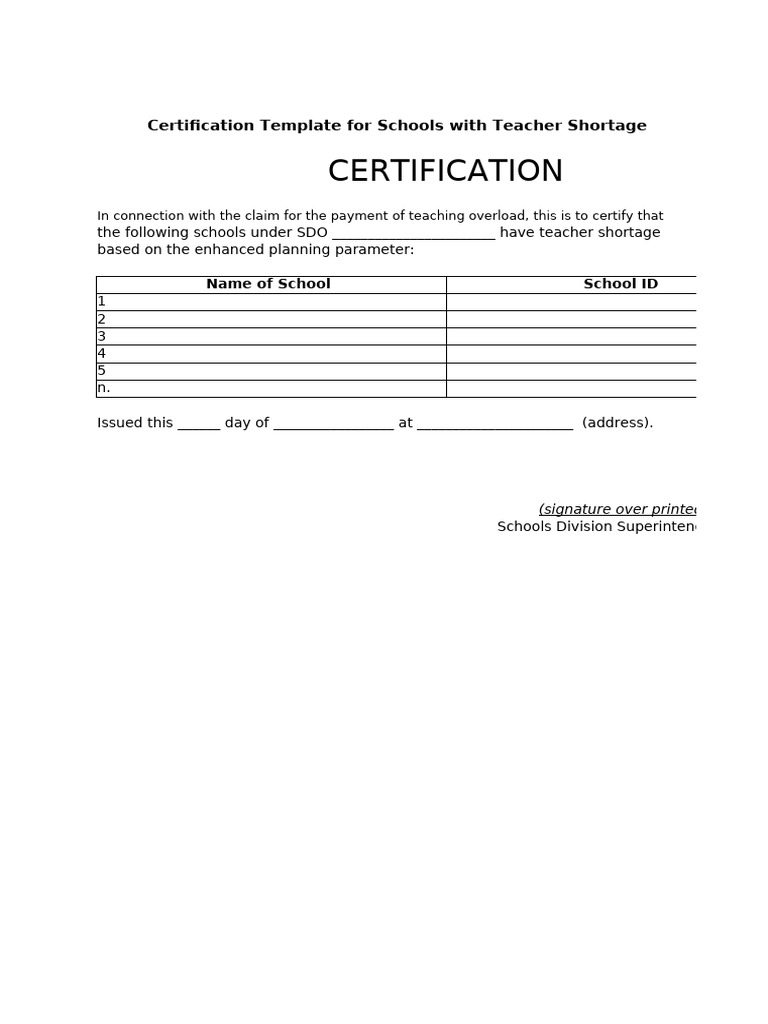 Teacher Overload Certification Template | PDF