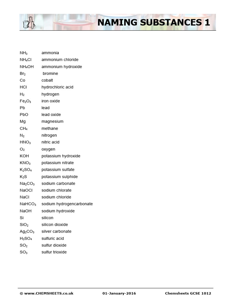 Chemical Compounds and Formulas List | PDF