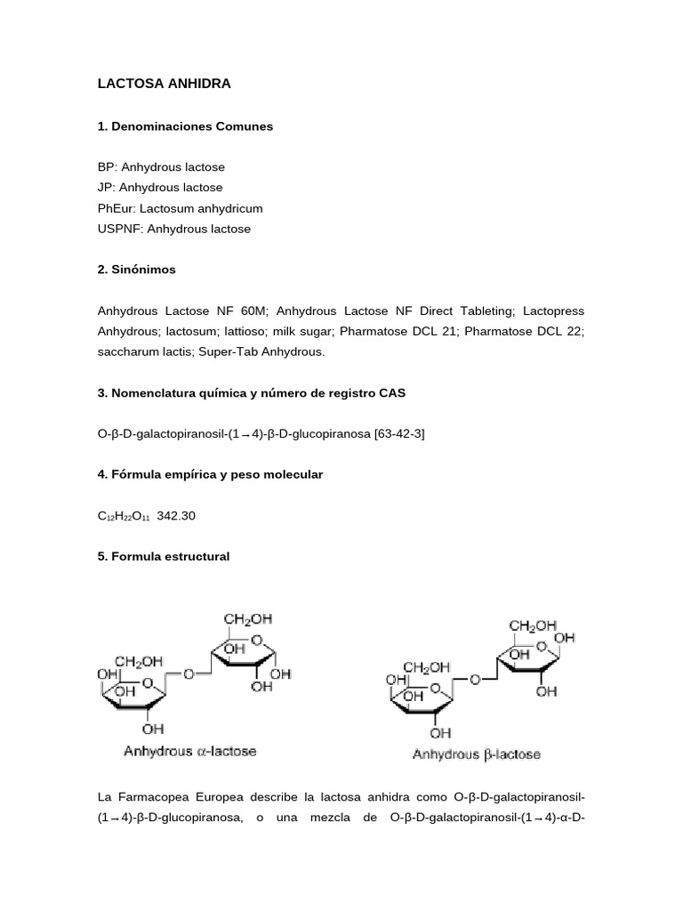 Lactosa Anhidra: Usos y Especificaciones | PDF | Tableta (Farmacia ...