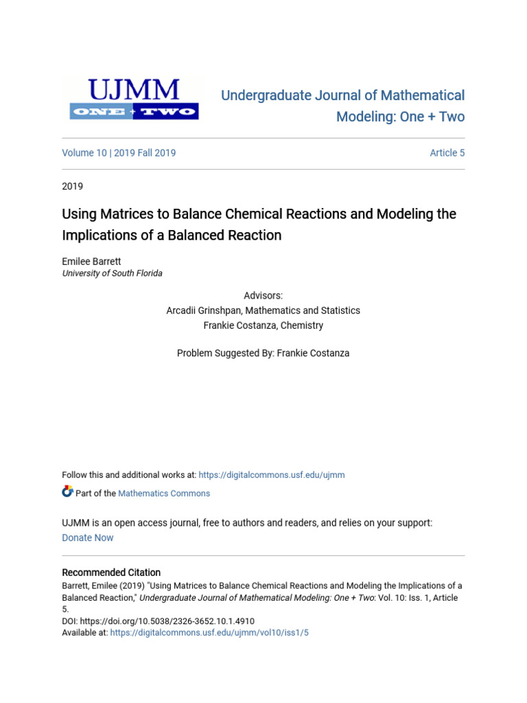 Using Matrices To Balance Chemical Reactions and Modeling The Imp | PDF | Matrix (Mathematics ...