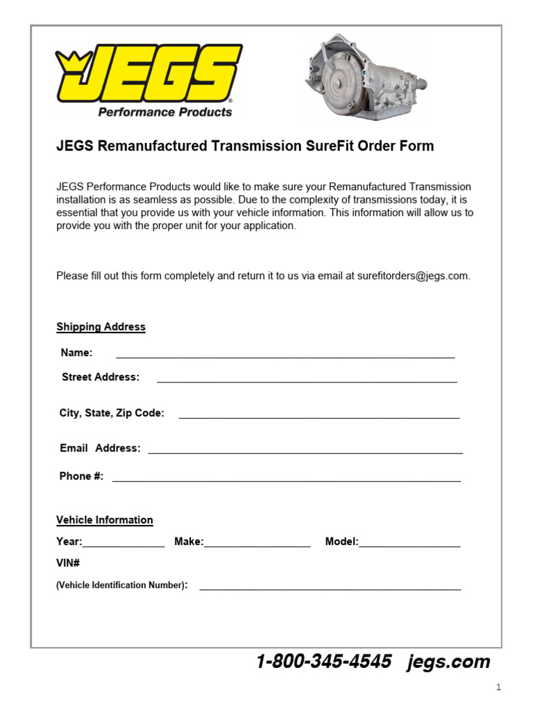 Jegs Remanufactured Transmission Order Form | PDF