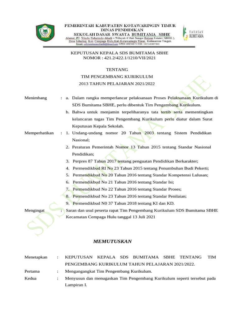 Tim Pengembang Kurikulum SDS Bumitama | PDF