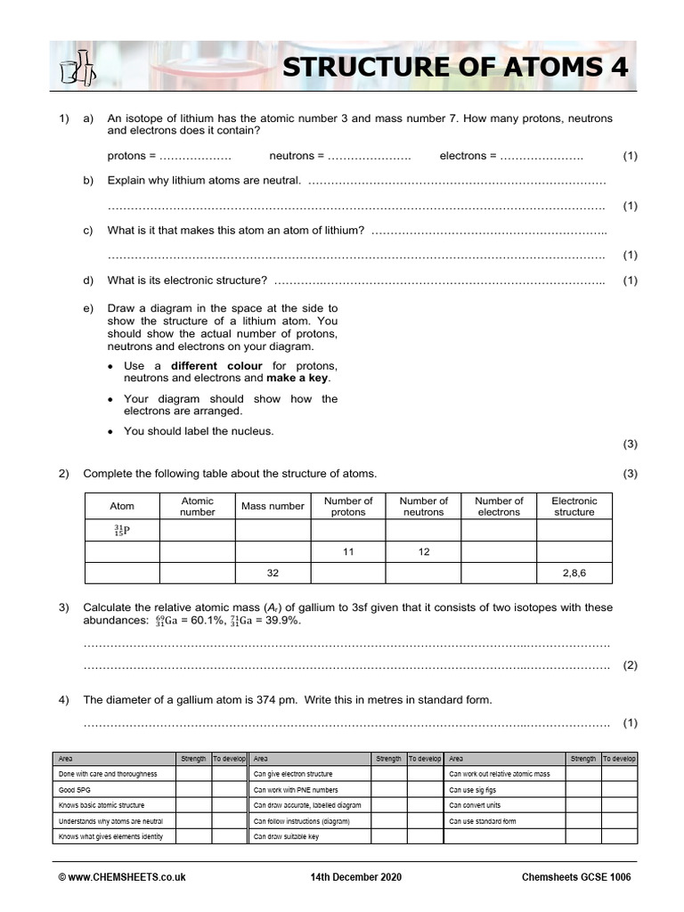 Atomic Structure and Isotopes Worksheet | PDF | Atoms | Proton