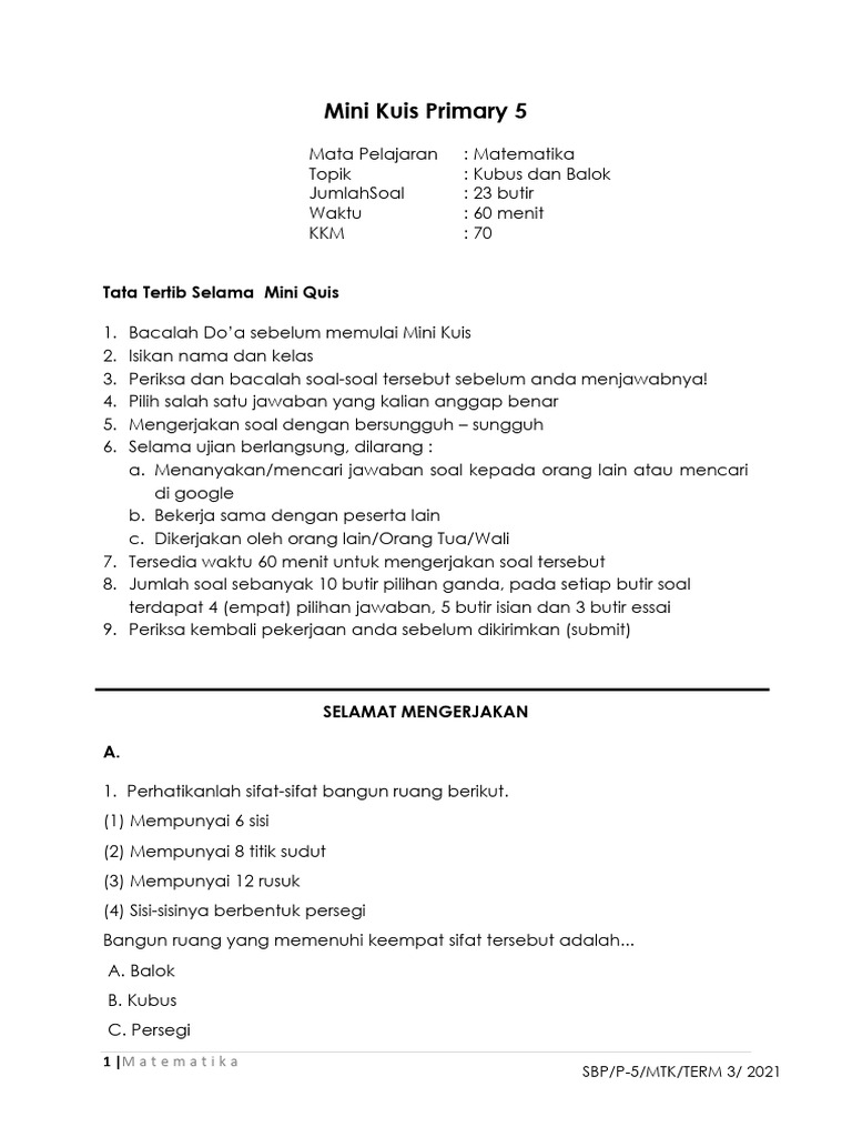 Mini Kuis Matematika 5 Term 3 2021 Upld | PDF