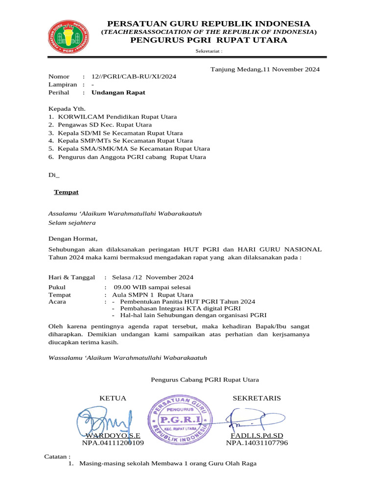 Surat-Undangan-Rapat Pgri 2024 | PDF