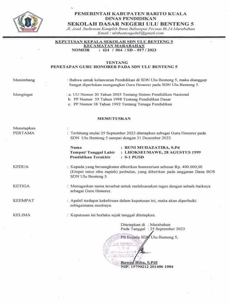 Surat Penetapan Kepala Sekolah | PDF