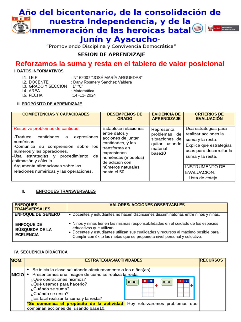 14 - 11 Reforzamos La Suma y Resta en El Tablero DE VALOR POSICIONAL ...
