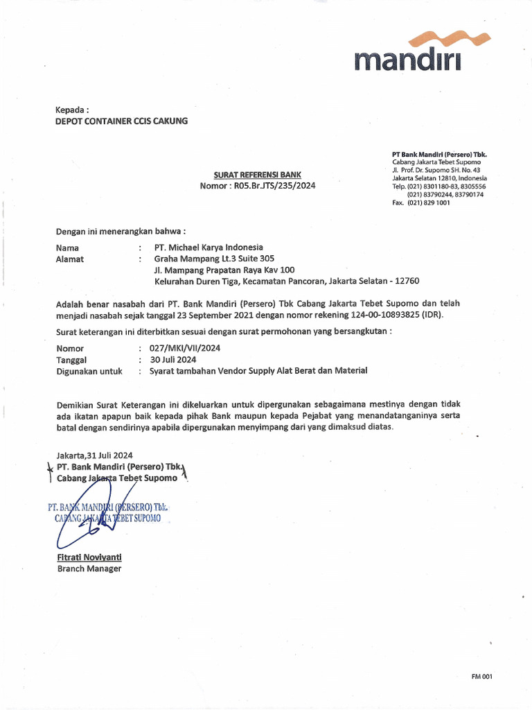 Surat Referensi Bank Untuk Depot Container Ccis Cakung | PDF