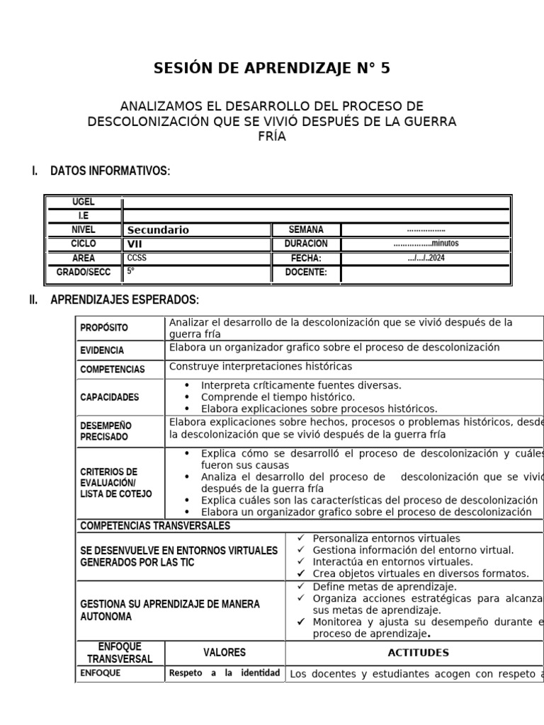 Sesion 5 CCSS 5° | PDF | Descolonización | Aprendizaje