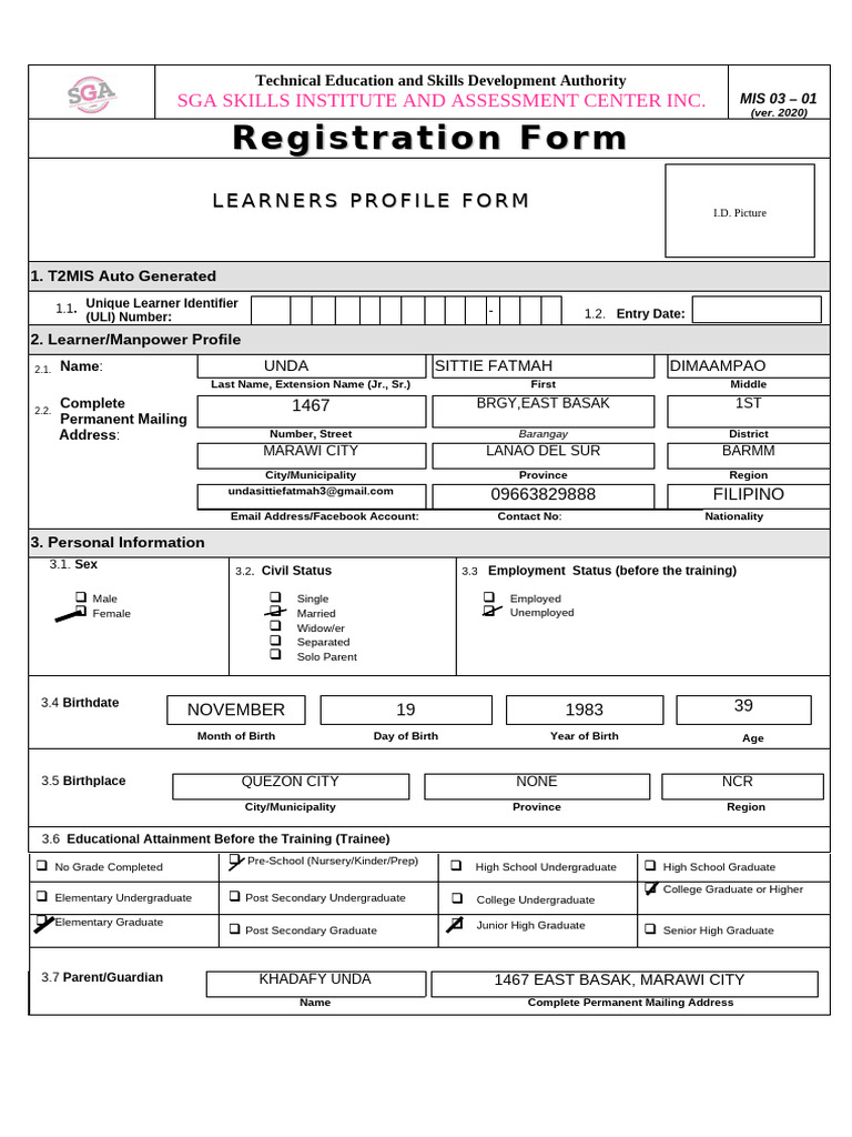 SGA Registration Form (MIS 03-01) | PDF | Disability