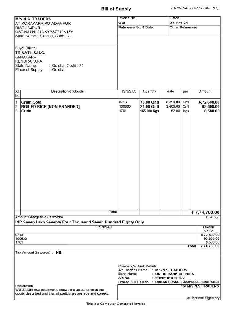 Bill of Supply Invoice for N.S. Traders | PDF | Taxes | Payments