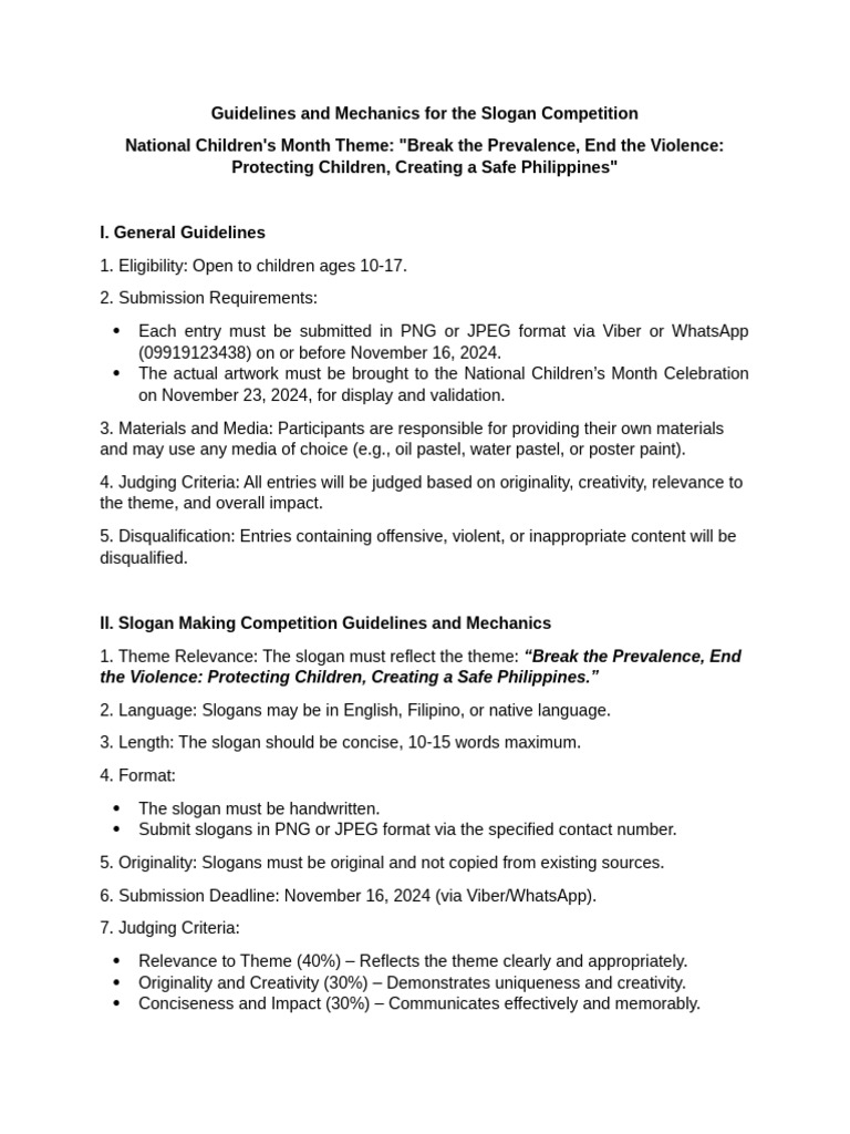 Slogan Contest Guidelines for Children | PDF