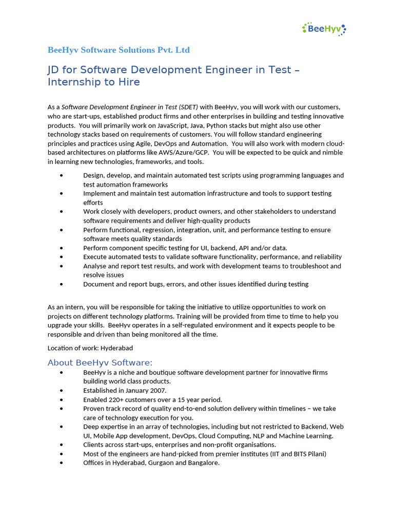 JD For SDET (Chitkara Internship) | PDF | Software | Information Technology Management