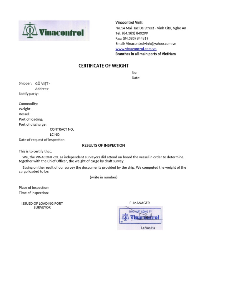 Mẫu Certificate of Weight | PDF
