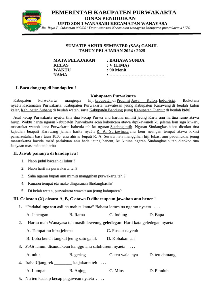 Soal Pas Bahasa Sunda Sem 1 2024 | PDF