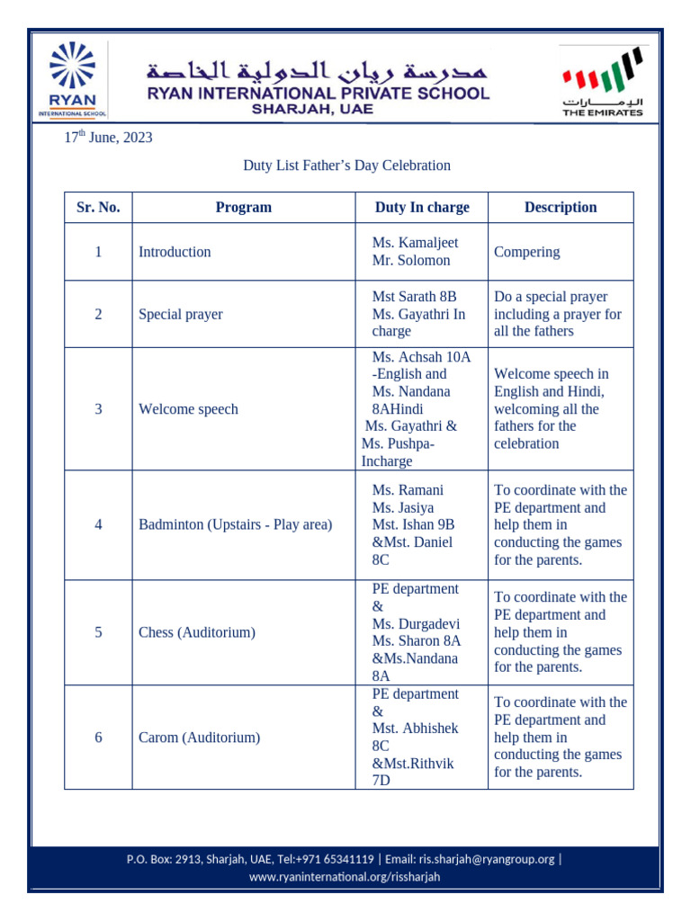 Father's Day Celebration Duty List | PDF