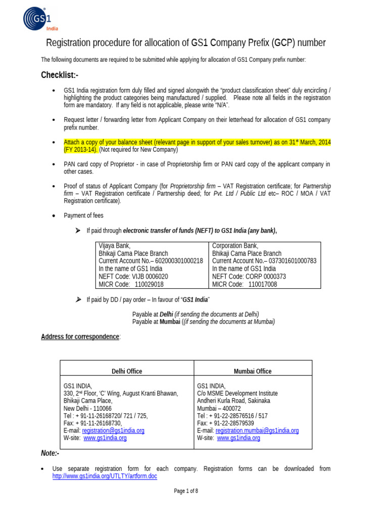 GS1 India Registraion Form | PDF | Drink | Foods