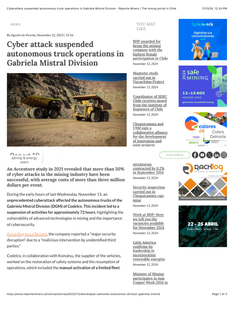 Cyberattack Halts Codelco's Trucks | PDF | Computer Security | Security
